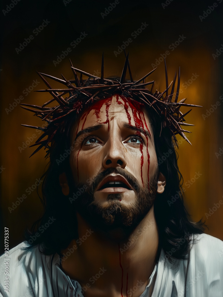A hyperrealistic portrait of Jesus Christ, his gaze reaching beyond the ...