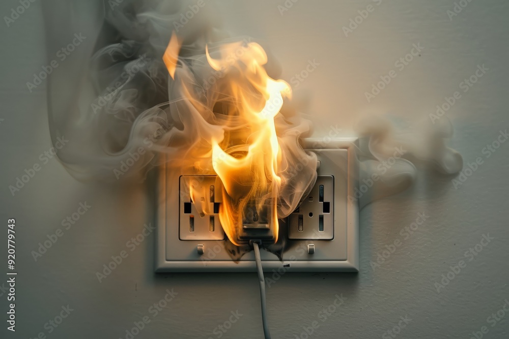 A close-up of a wall electrical outlet caught on fire with smoke ...