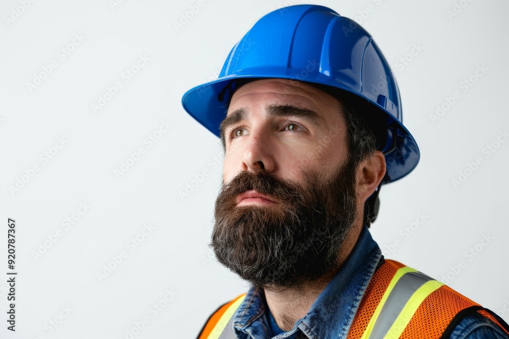 Construction worker wearing a blue hard hat and high-visibility safety ...
