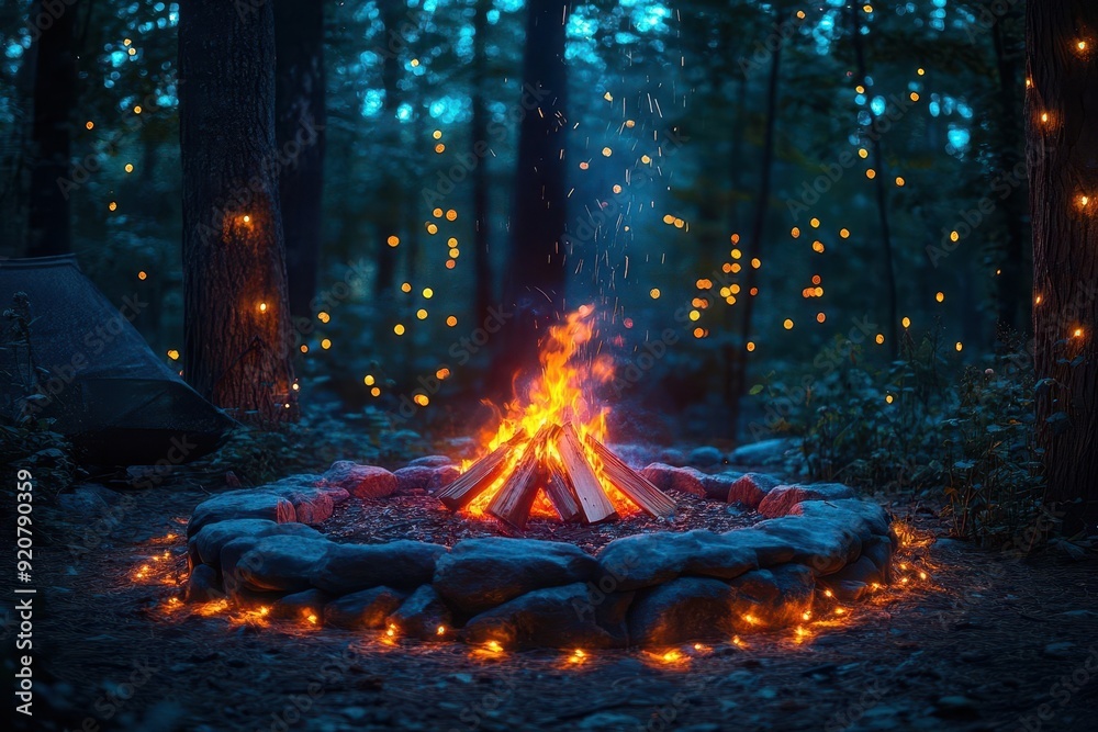 enchanted forest campsite with a crystalline bonfire emitting rainbow ...