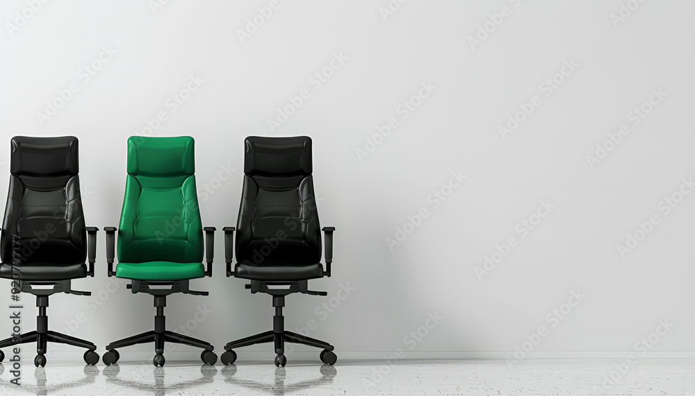 Vacant position. Green office chair among black ones on white ...