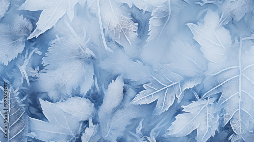 Collection of leaves covered in frost, winter scene. Cold colors ...