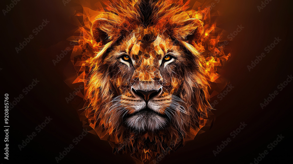 A lion with a fiery mane and a fierce look on its face. The lion is the ...