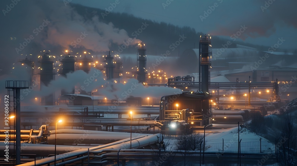 A natural gas facility with methane leaks visible as glowing, invisible ...