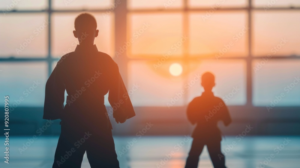 Silhouette of Father and Son Practicing Martial Arts in Dojo with ...