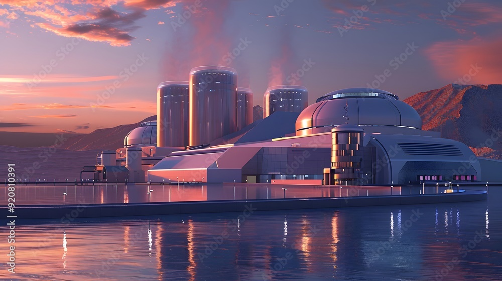 A futuristic thorium reactor facility, with sleek, advanced reactors ...