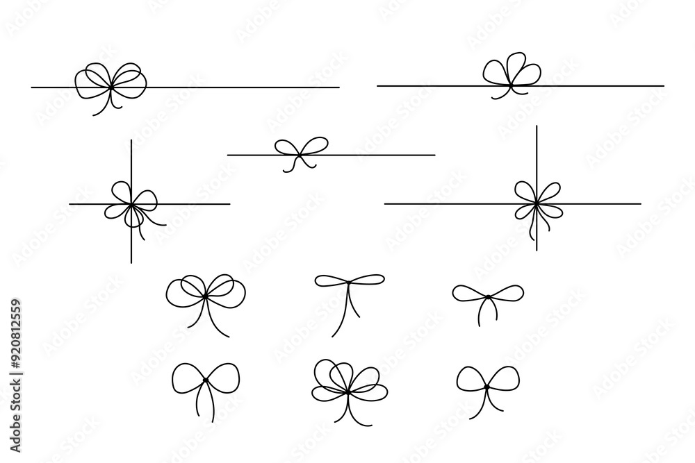Gift bow simple line set. Ribbon with knot doodle, vector drawing ...