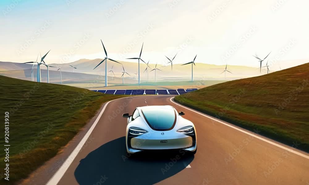 a 3D realistic animation of an electric car traveling along a road ...