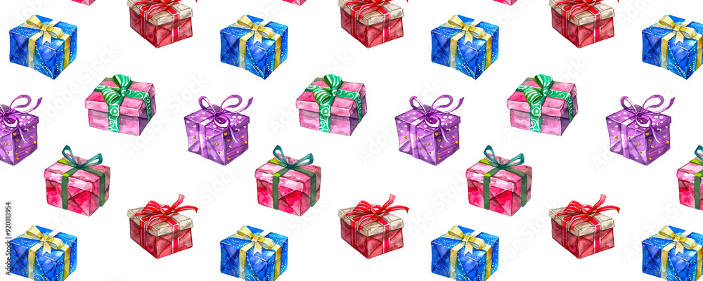 Watercolor gift boxes pattern. Watercolor background of gift boxes packed in bright packaging ...
