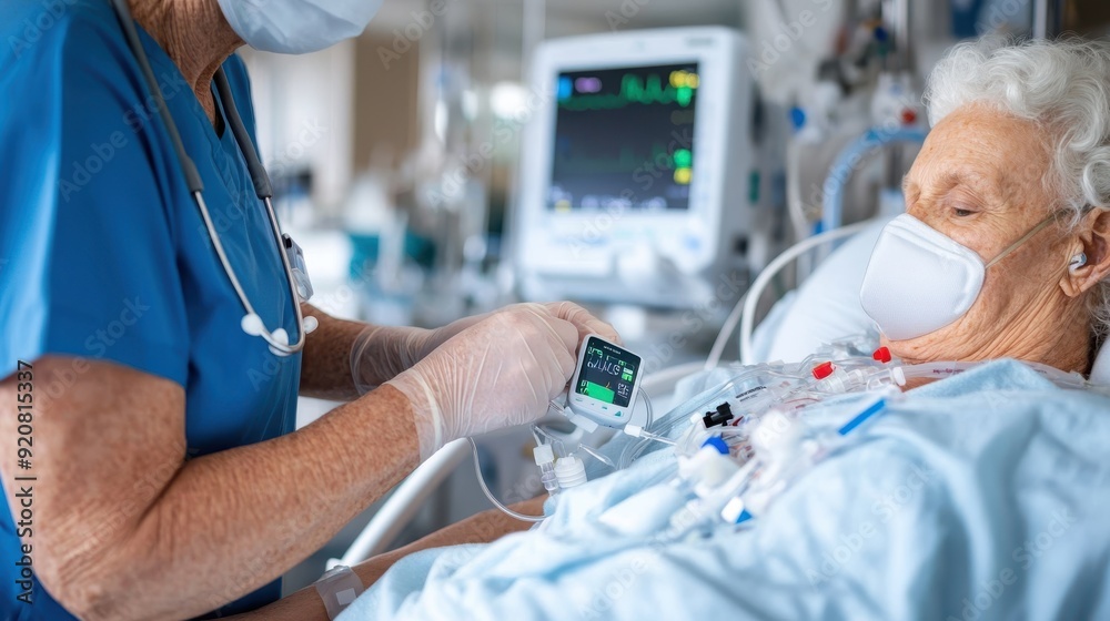 Nurse in blue scrubs and gloves is seen monitoring an elderly patient ...