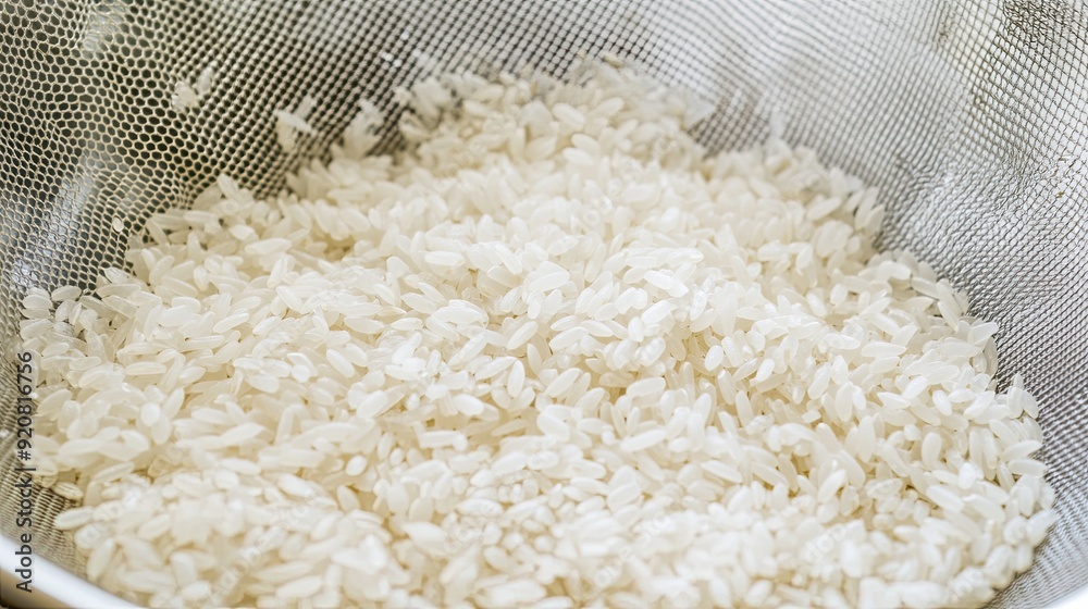 Rinsing Uncooked White Rice Grains in a Mesh Strainer Over the Kitchen ...