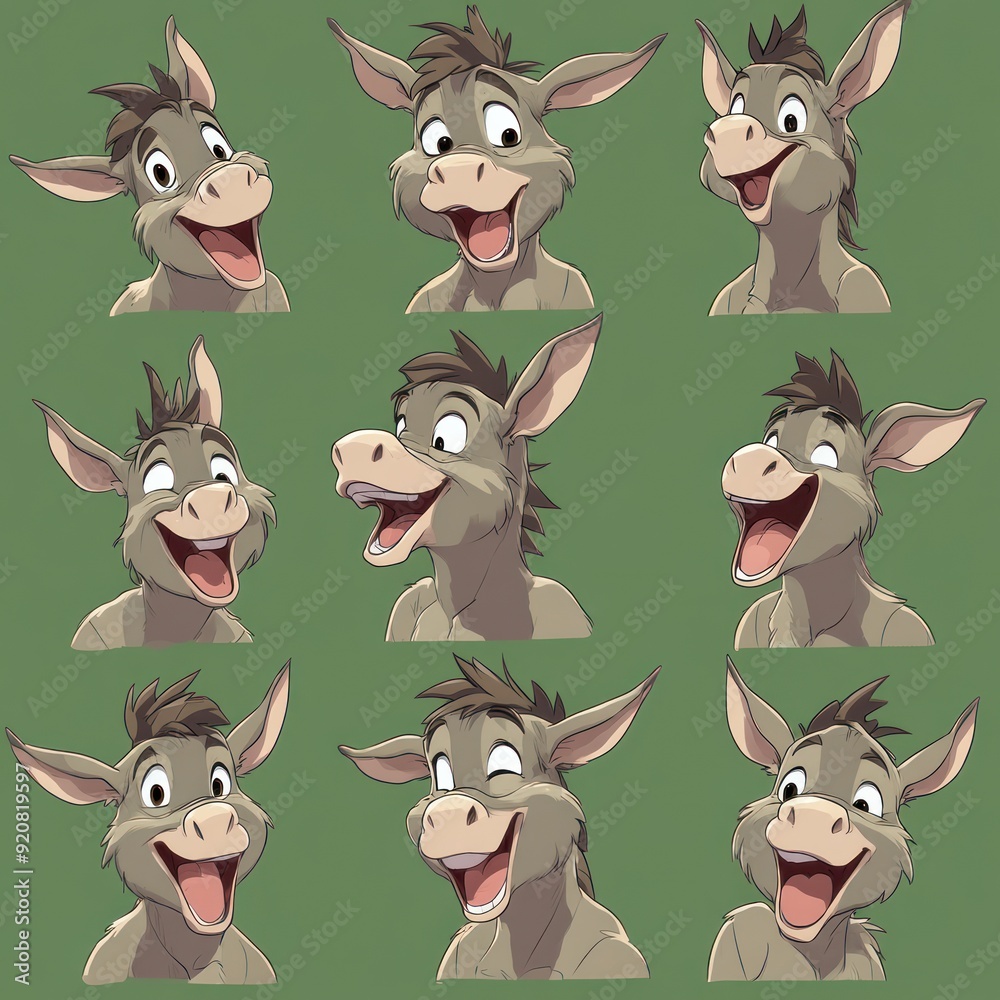 Nine different cartoon donkey expressions in a grid, each with a wide ...