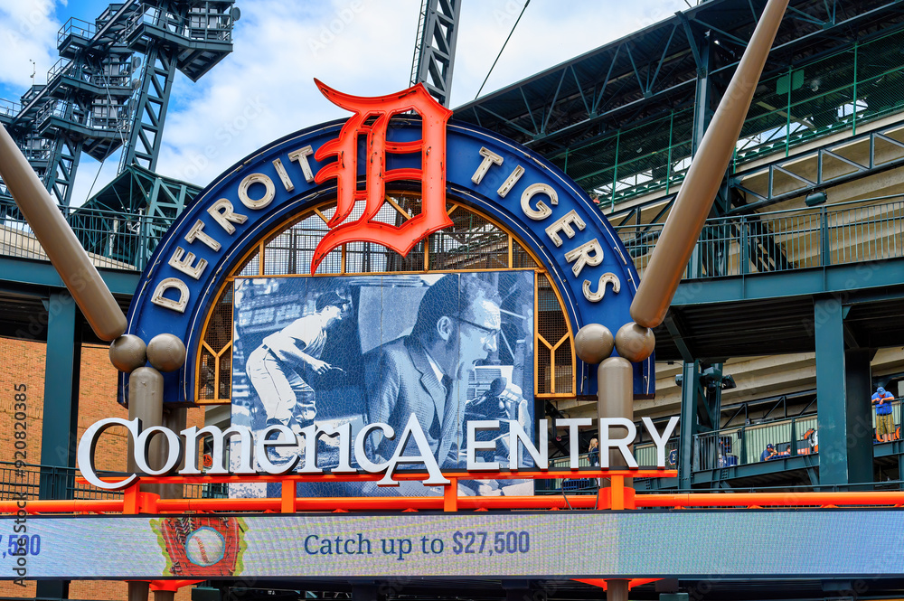 Exterior architectural features of the Comerica Park - the home of the ...
