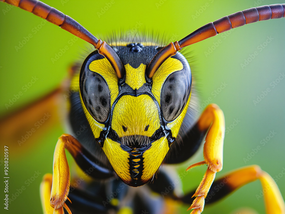 A yellow and black wasp is shown up close. The yellow and black colors ...