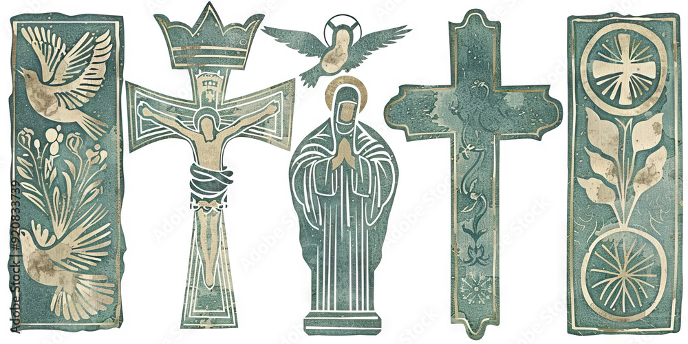 Holy Trinity symbols. Cross, crown and dove of Holy Spirit. Watercolor ...