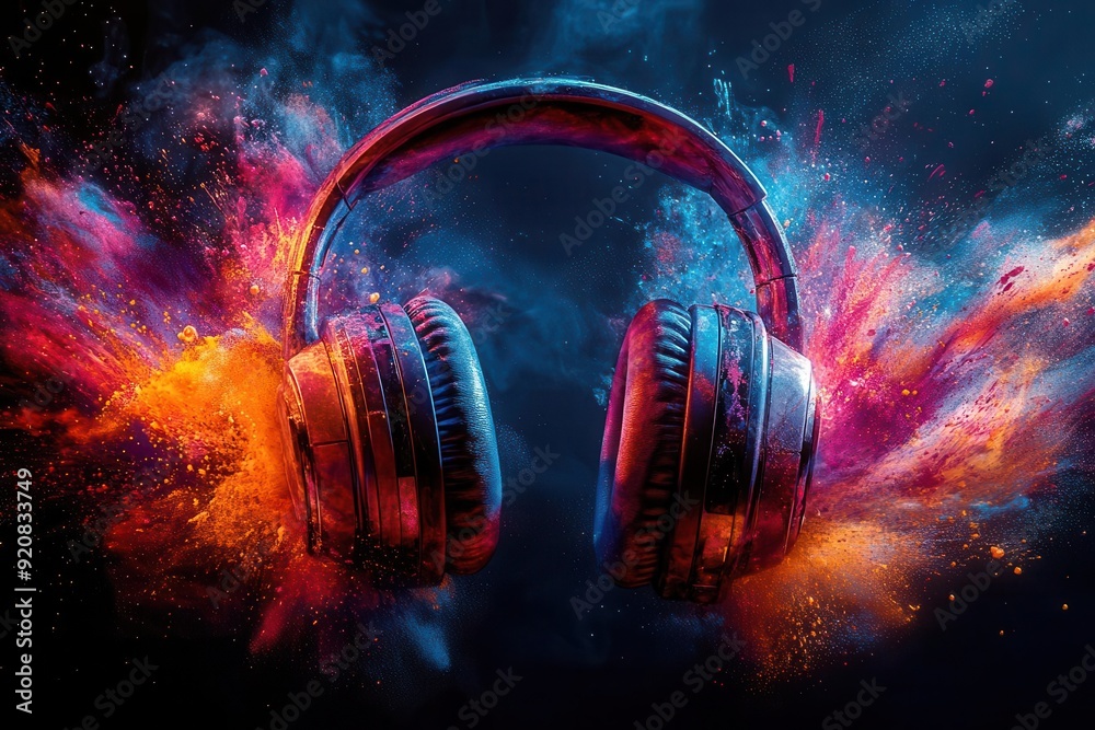 headphones exploding with prismatic paint splashes against stark black ...