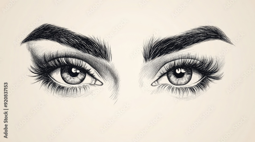 Elegant hand-drawn eyes with expertly shaped eyebrows and full, curled ...