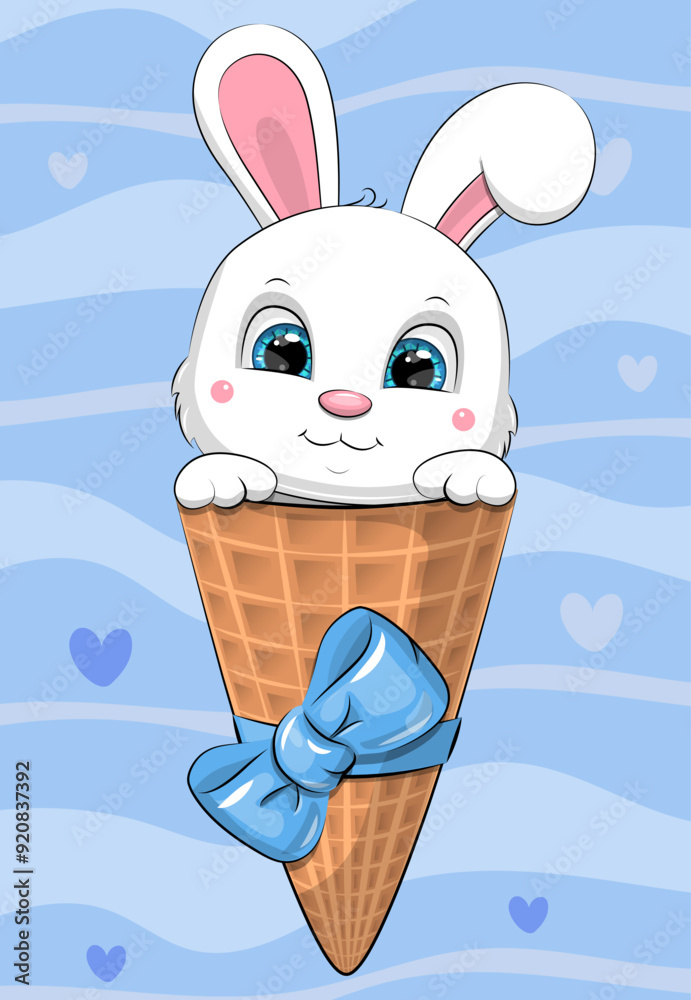 Cute cartoon white rabbit in ice cream cone with blue ribbon bow ...
