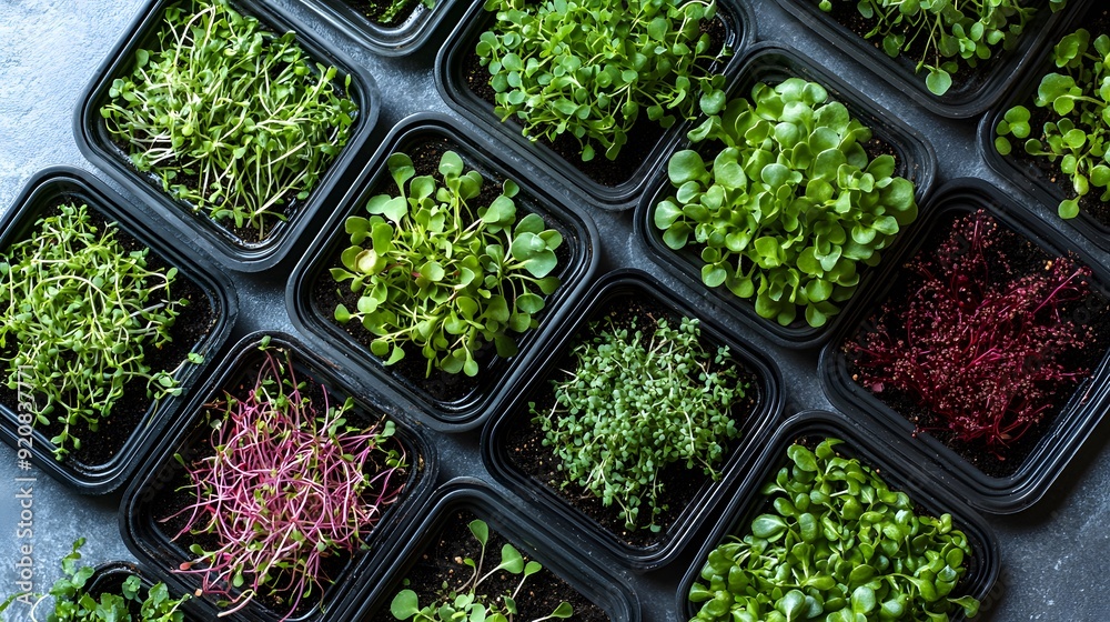 Microgreens assortment, pale green countertop, black growing tray ...