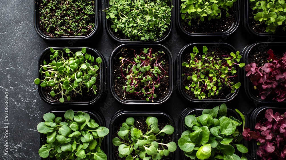 Microgreens assortment, pale green countertop, black growing tray ...
