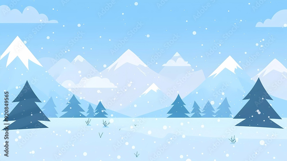 simple flat illustration of a snowy landscape with mountains in simple ...