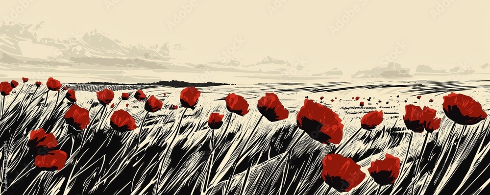 Serene Linocut Red Poppy Field Illustration: Peaceful Remembrance Day ...