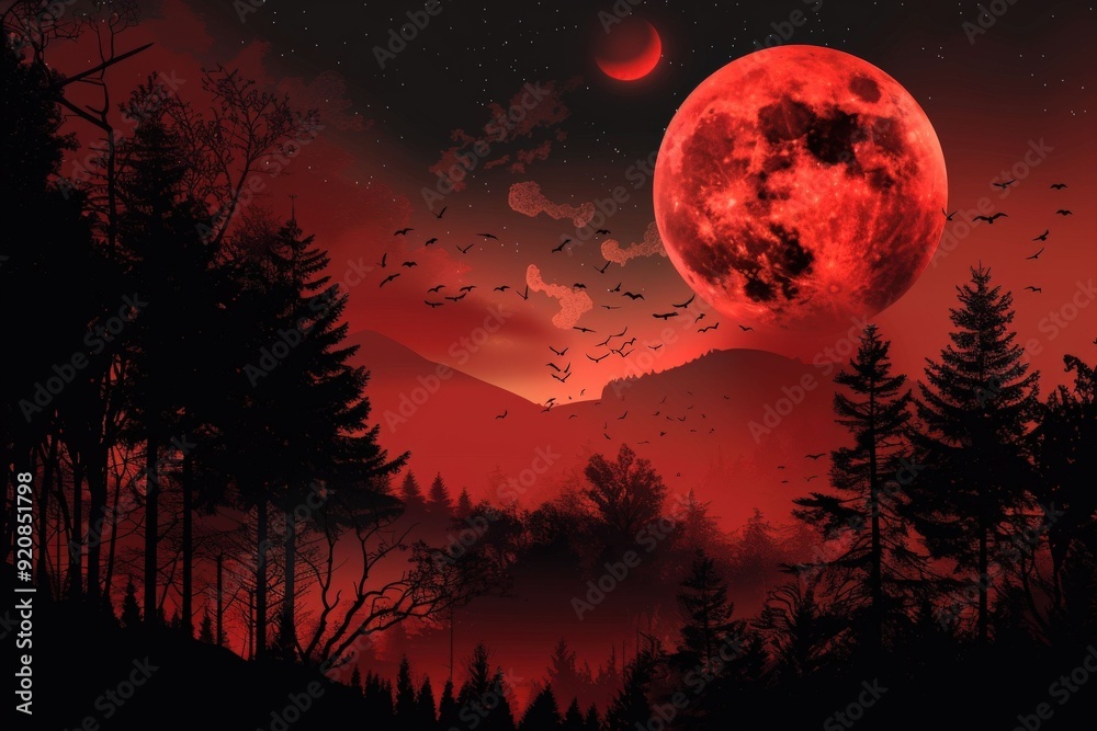 Ominous red moon casts eerie glow on blood-soaked river, surrounded by ...