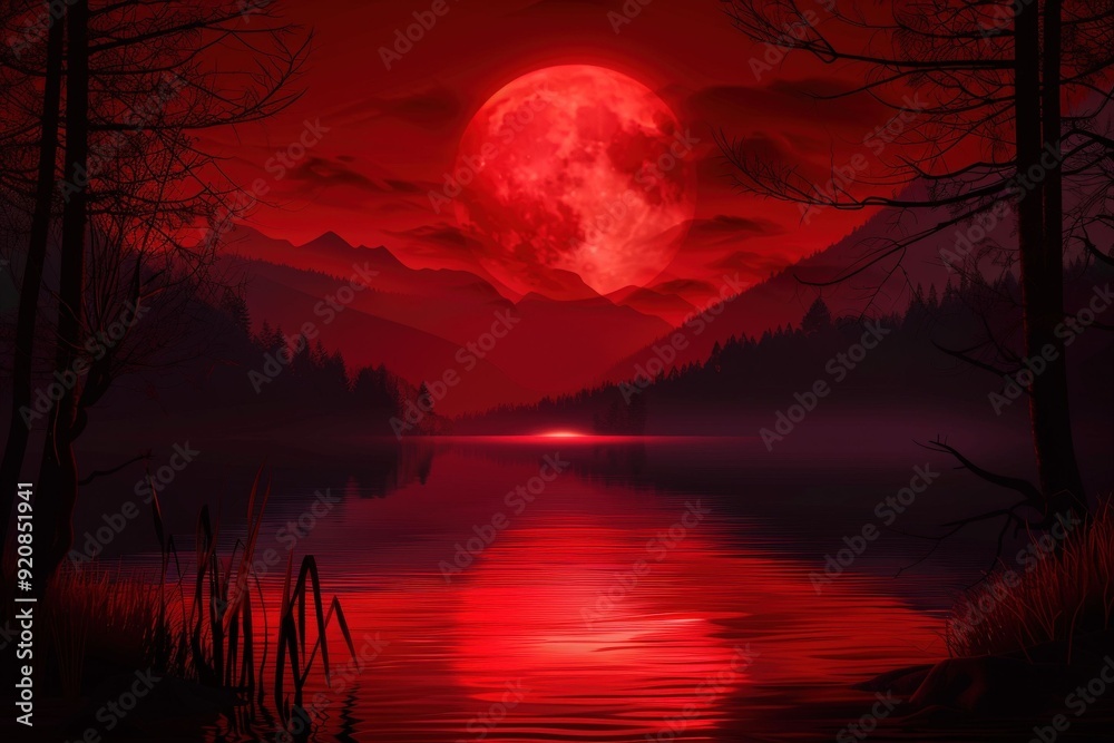 Apocalyptic digital artwork featuring a blood-red moon over a ...