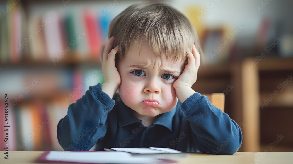 Frustrated Boy with Special Needs Trying to Solve a Problem in Library ...