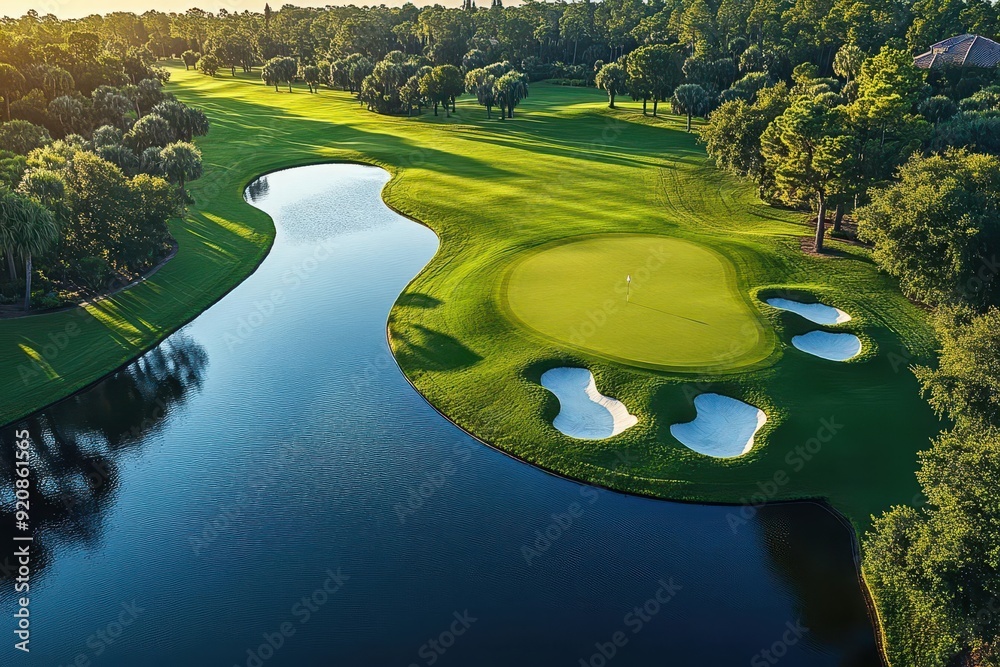 aerial view lush golf course landscape undulating fairways pristine ...