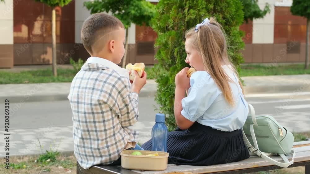 school meals, children girl and boy schoolchildren have lunch on the ...