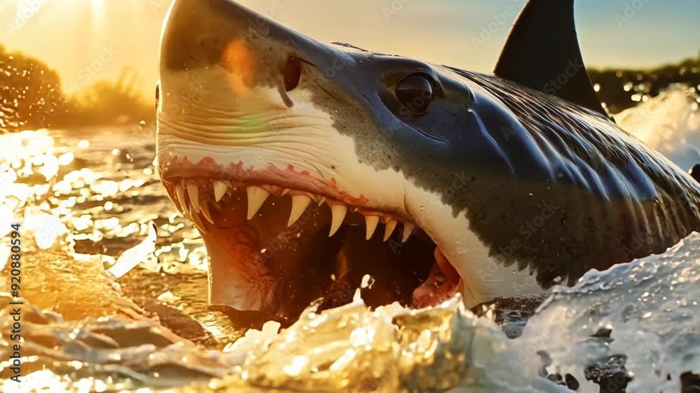 Great white shark emerges from the water with jaws wide open, revealing ...