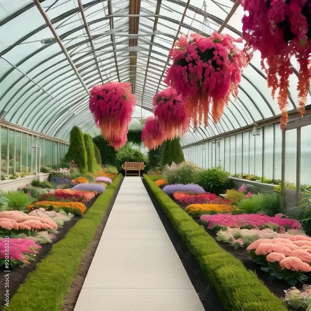 a beautifully maintained greenhouse with a long, straight pathway ...