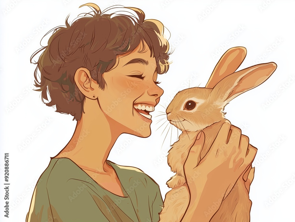 Joyful Girl Laughing with Cute Pygmy Rabbit Nuzzling Her - Whimsical ...