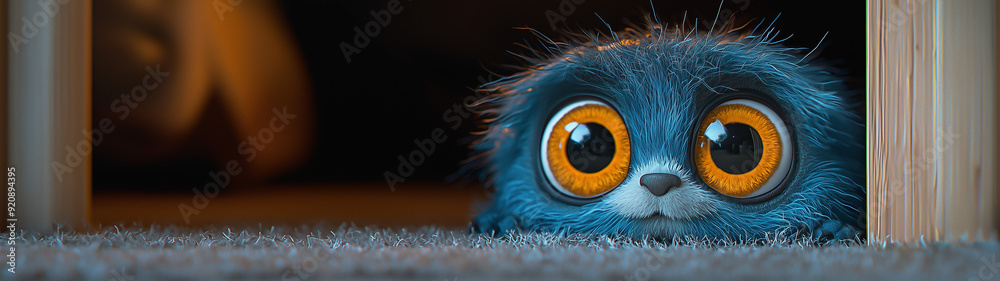 Cute Monster Peeking from Behind a Door: A cute, fuzzy monster with ...