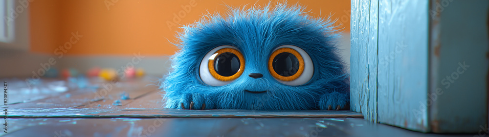 Cute Monster Peeking from Behind a Door: A cute, fuzzy monster with ...