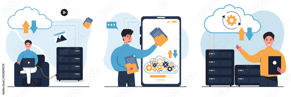 Cloud computing isolated set. Secure connection, storage and cloud technology.Data transfer ...