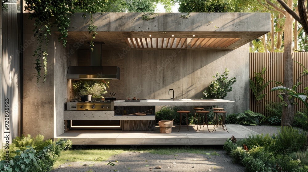 Minimalist outdoor kitchen with concrete countertop, small sink, wall ...