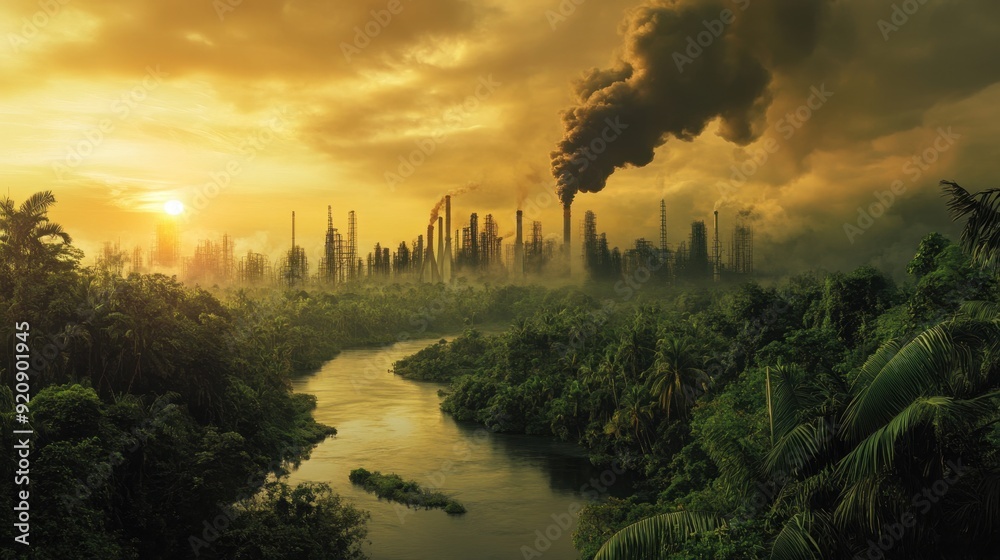 Pollution effects on a vibrant forest ecosystem showing smog-filled ...