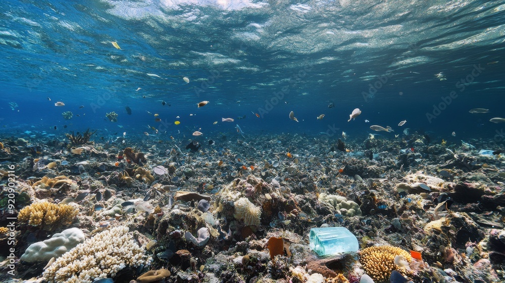 Impact of ocean pollution on coral reefs with murky water, damaged ...