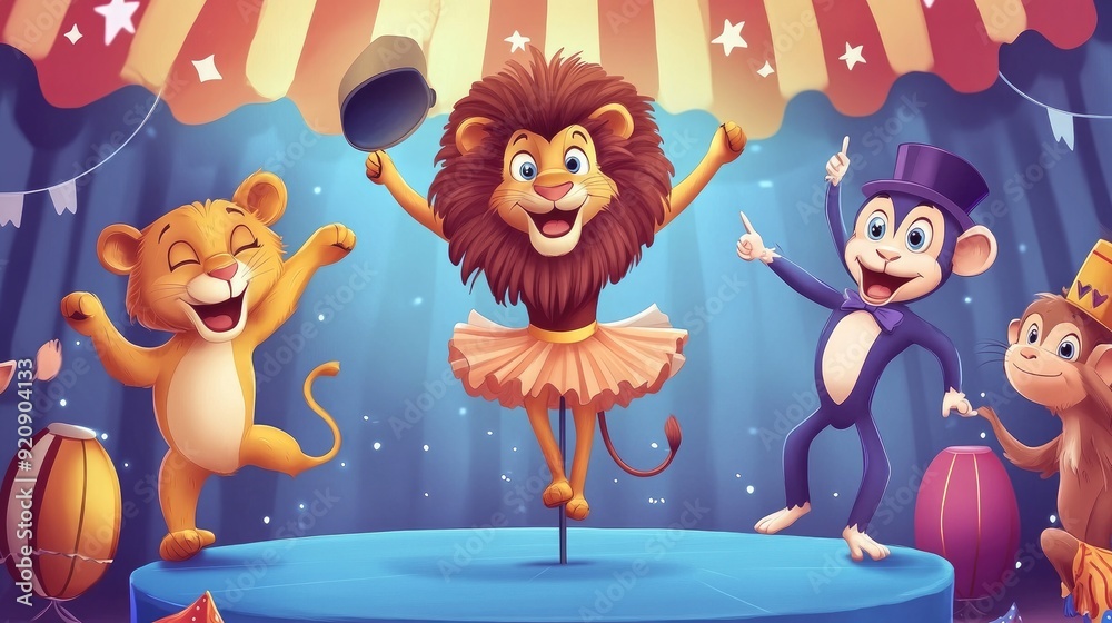 Adorable cartoon circus animals in costumes, such as a lion in a tutu ...