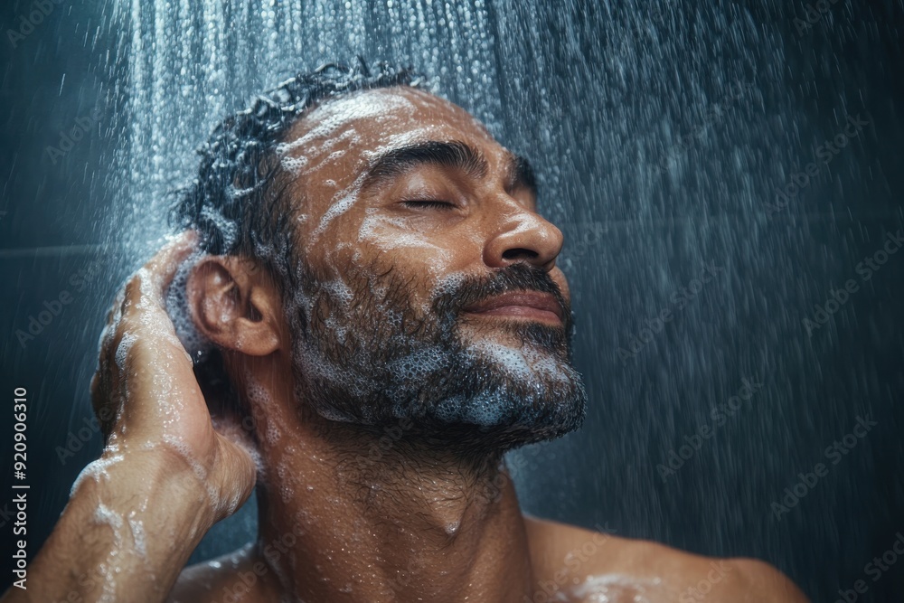Content man enjoying a refreshing shower, eyes closed and smiling ...