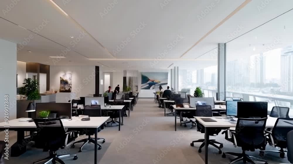 A modern office space featuring open desks, natural lighting, and an ...