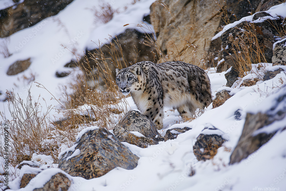 A majestic snow leopard stealthily traverses a snowy, rocky landscape ...