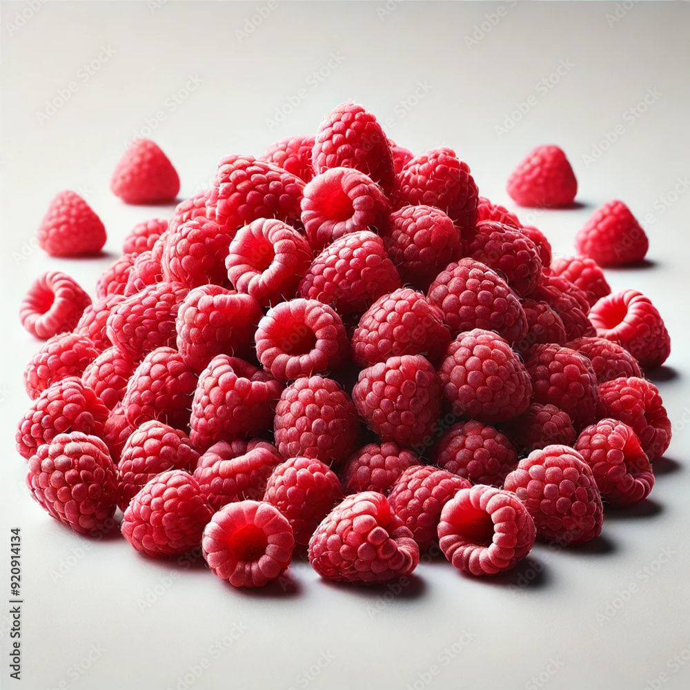 A heap of fresh, vibrant raspberries displayed on a clean, white ...
