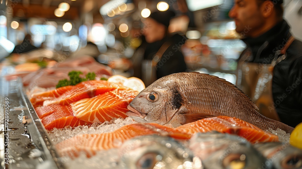 Shoppers at a fish market inspecting the fresh produce, choosing the ...