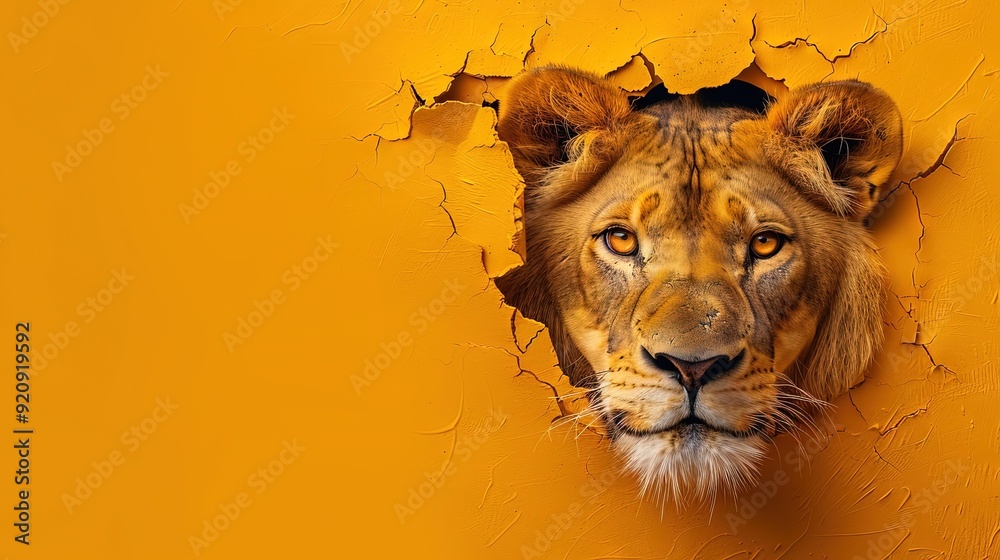 lion peeking out of a hole in the wall torn hole empty copy space frame ...