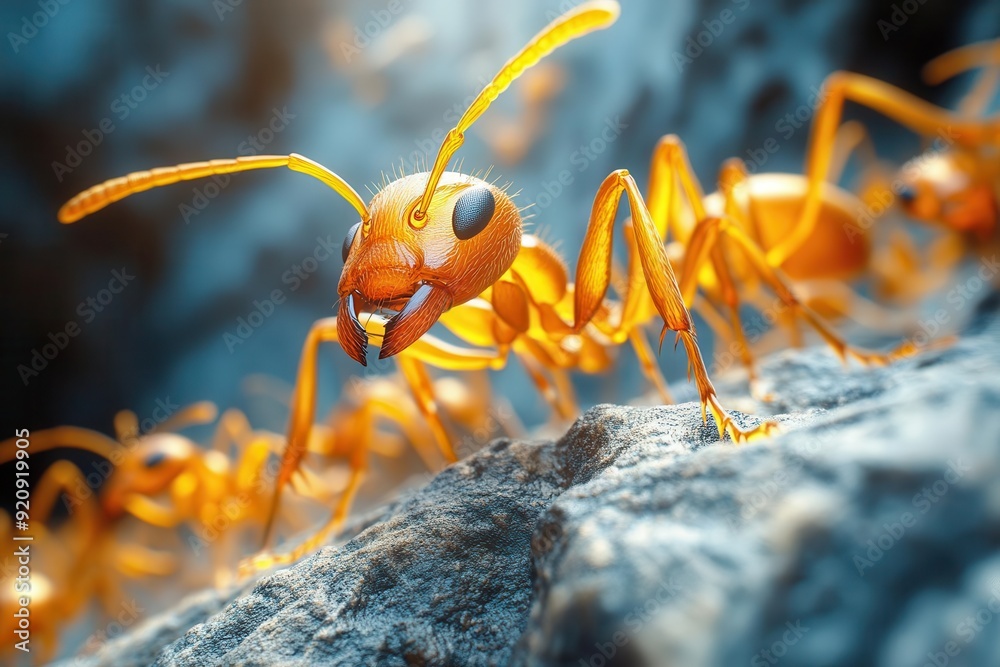 macro view of industrious ant colony workers in perfect formation ...