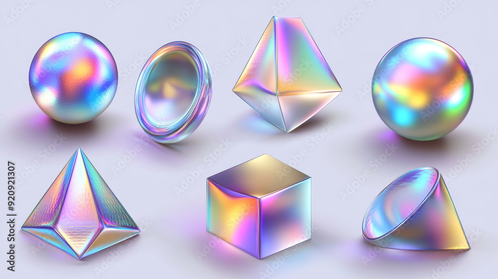 3D chrome holographic iridescent metal shapes with rainbow gradient ...
