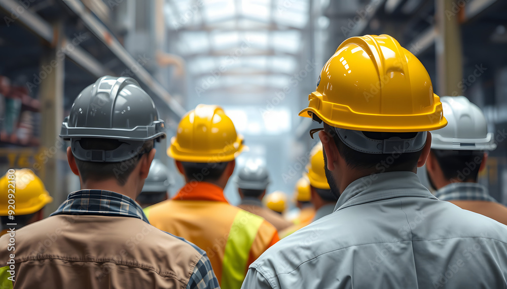 workers helmets at the factory, view from the back, group of workers ...